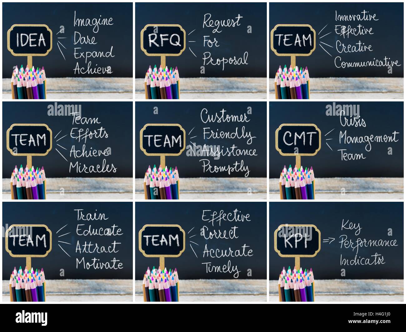 Photo collage of business acronyms written with chalk on wooden mini ...