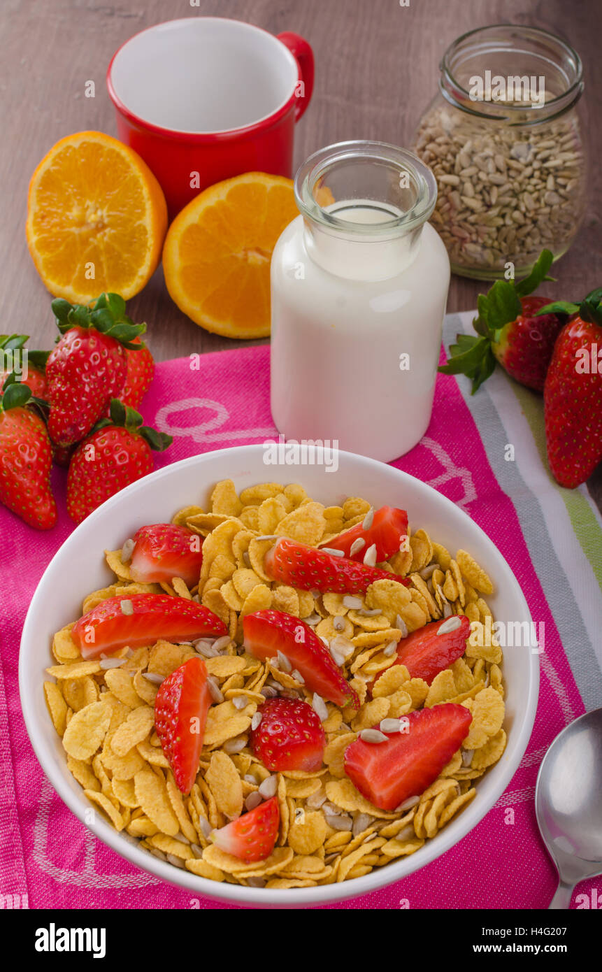 Healthy breakfast cornflakes and strawberries - water milk, bio healthy ...