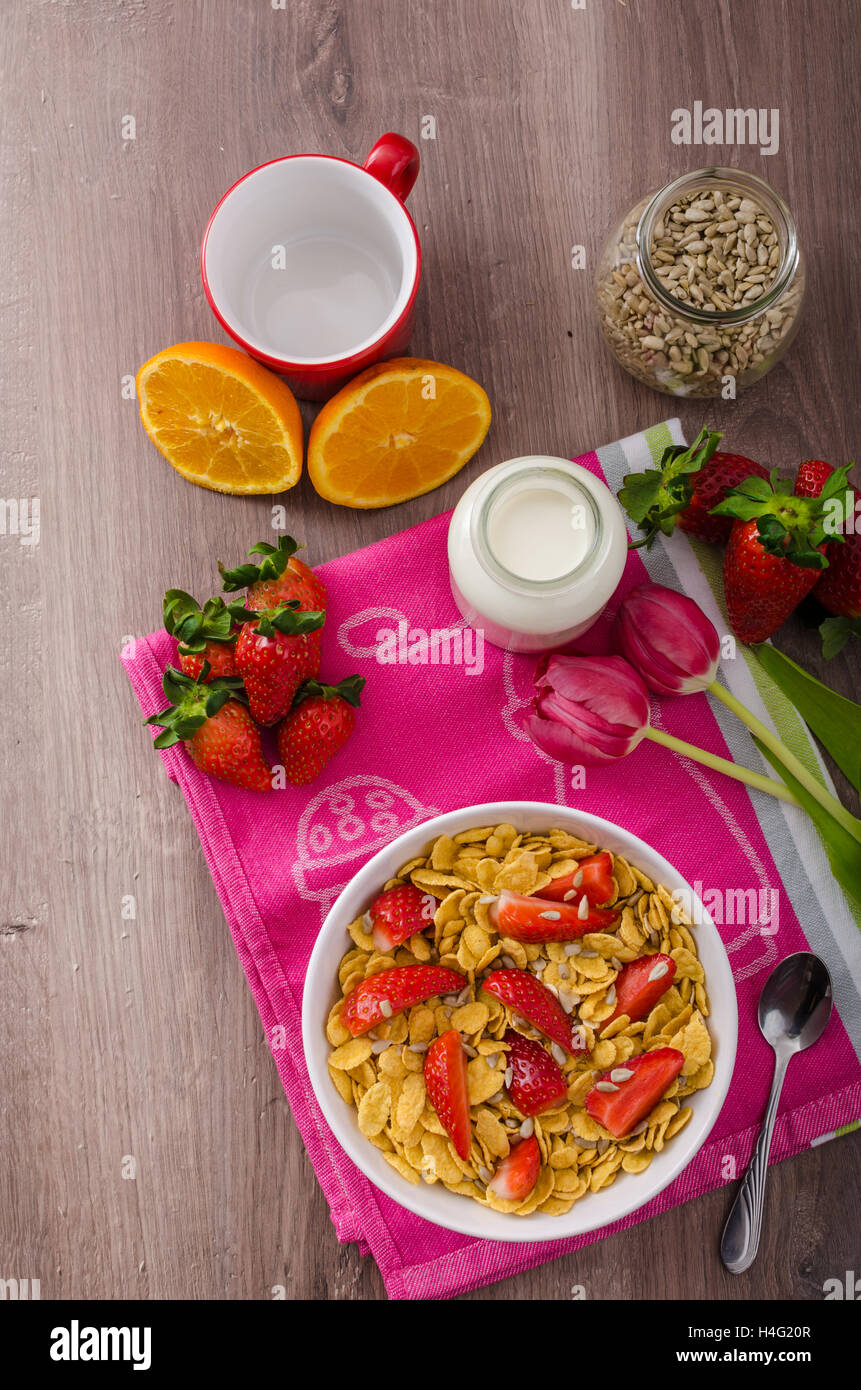 Healthy breakfast cornflakes and strawberries - water milk, bio healthy ...