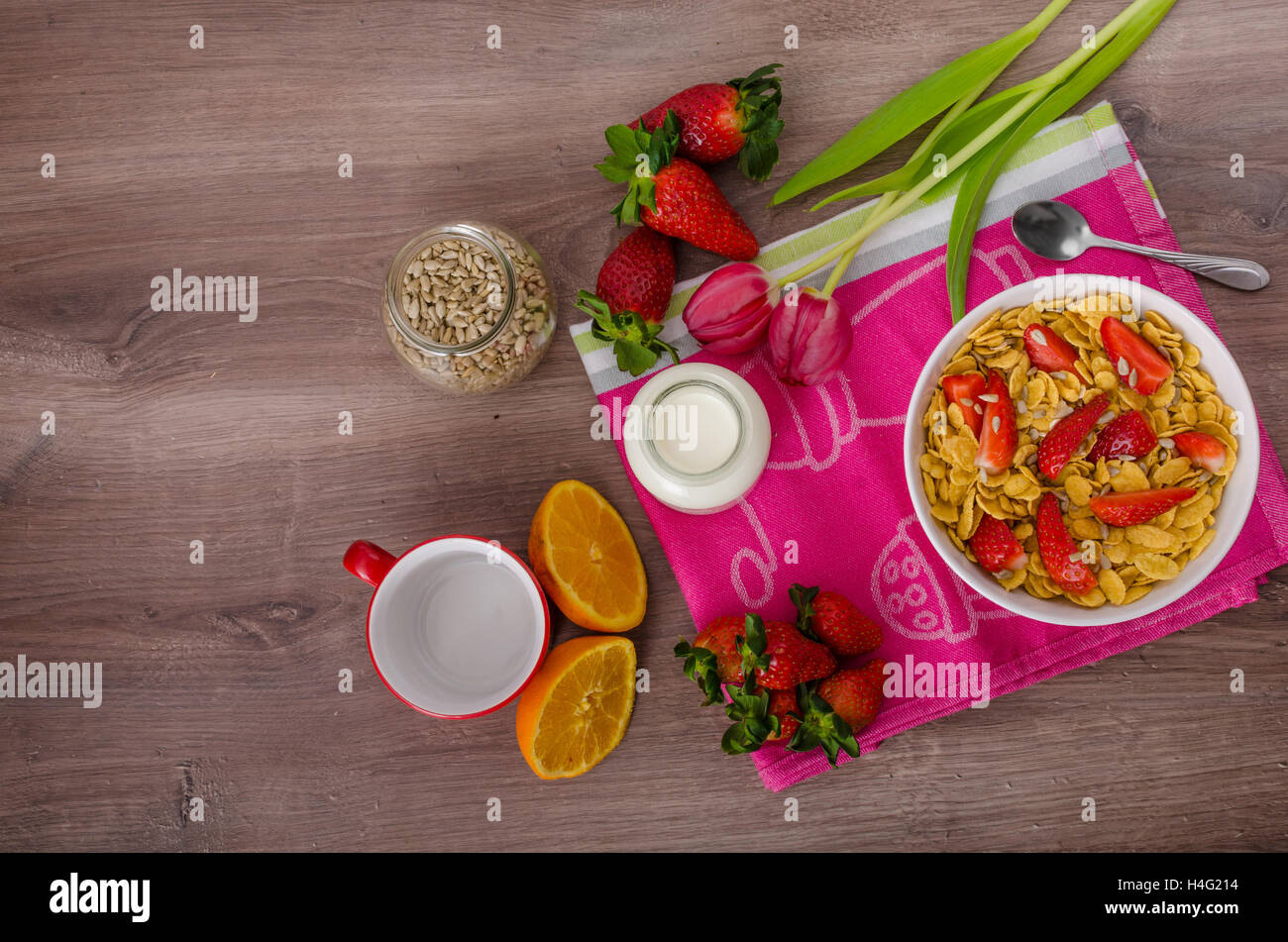 Healthy breakfast cornflakes and strawberries - water milk, bio healthy ...