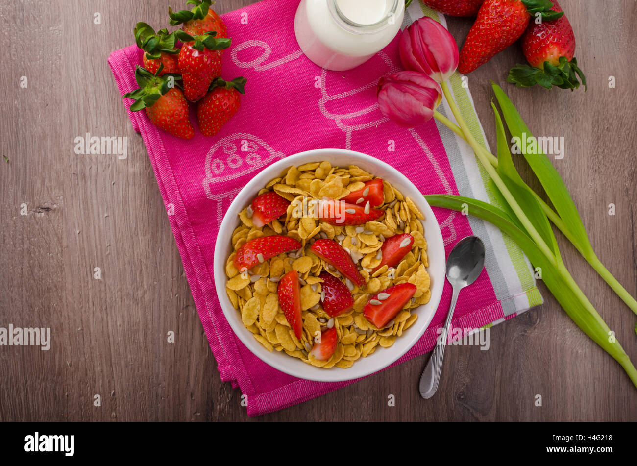 Healthy breakfast cornflakes and strawberries - water milk, bio healthy ...