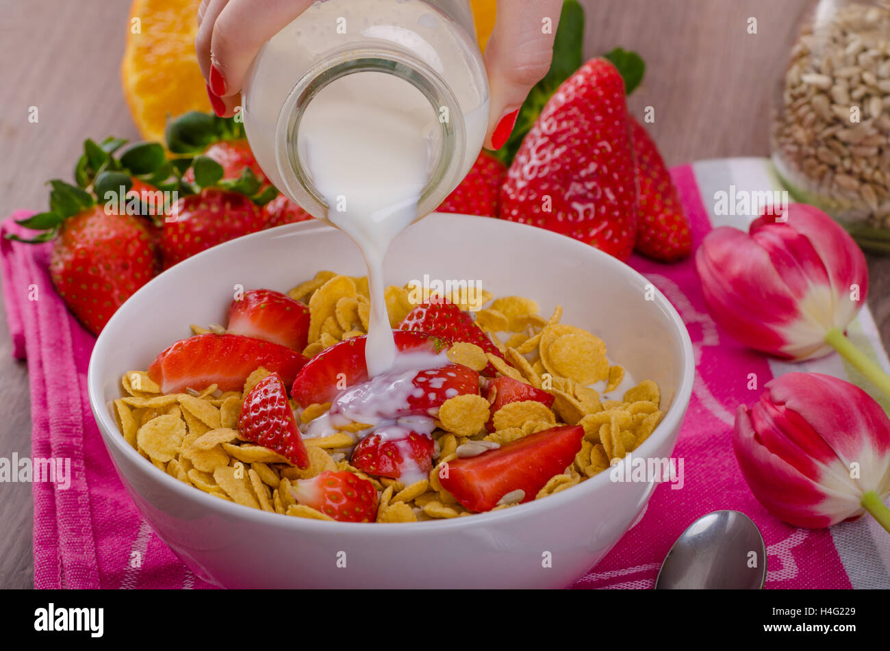 Healthy breakfast cornflakes and strawberries - water milk, bio healthy ...