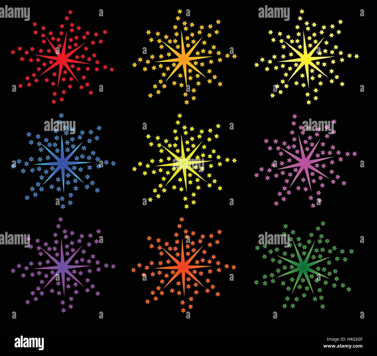 A collection of cartoon comic style firework explosions on black Stock ...