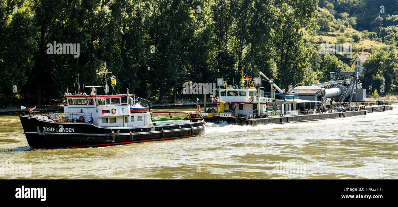 Diving bell ship Carl Straat with tug, Josef Langen, Rhine Gorge, River ...