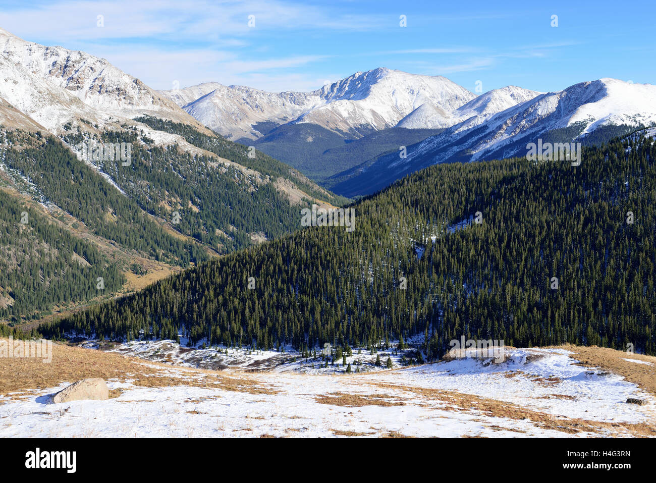 bright landscape view of the snow covered mountains and trees during ...