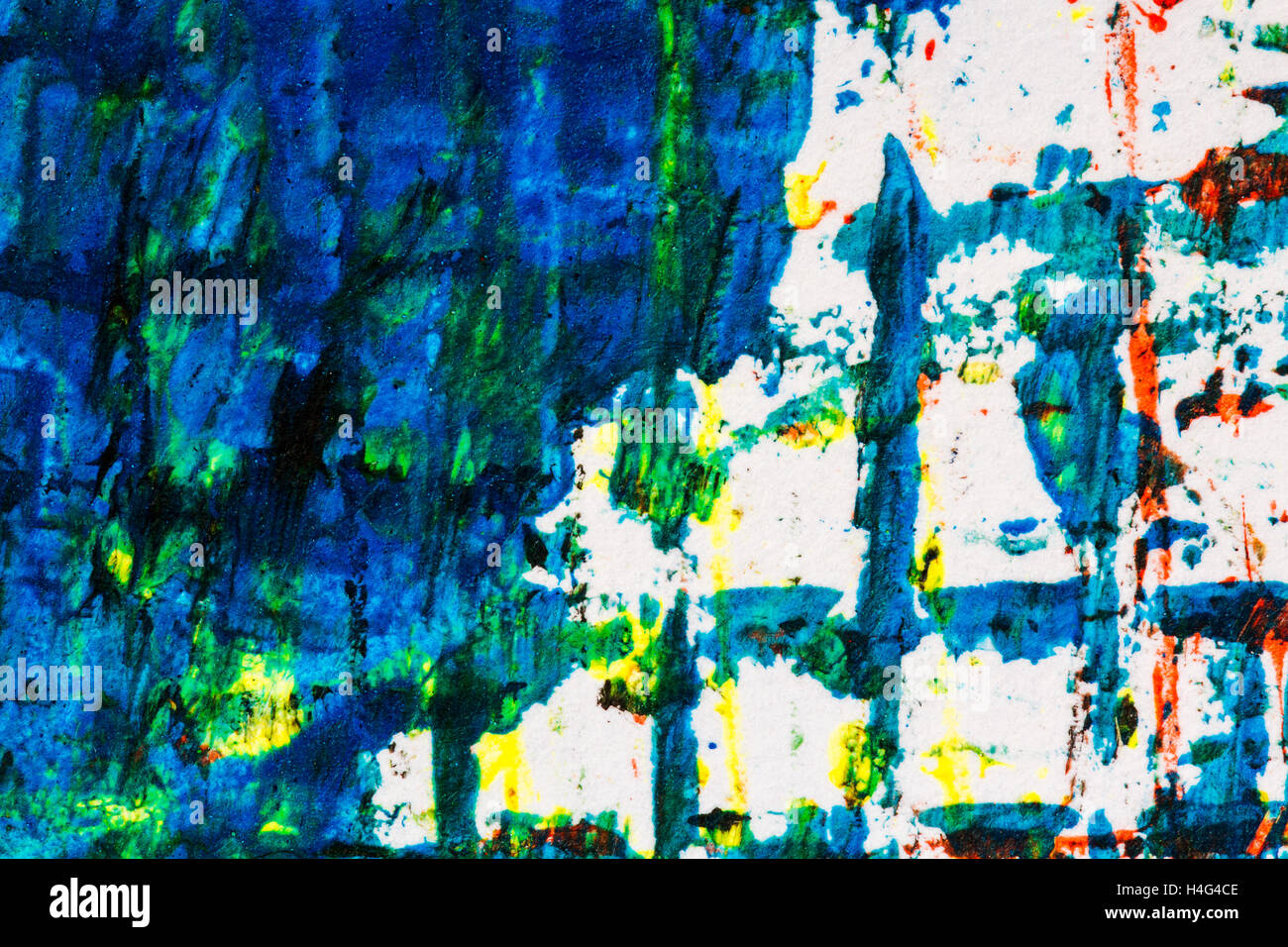 Closeup view of abstract hand painted mainly blue acrylic art ...