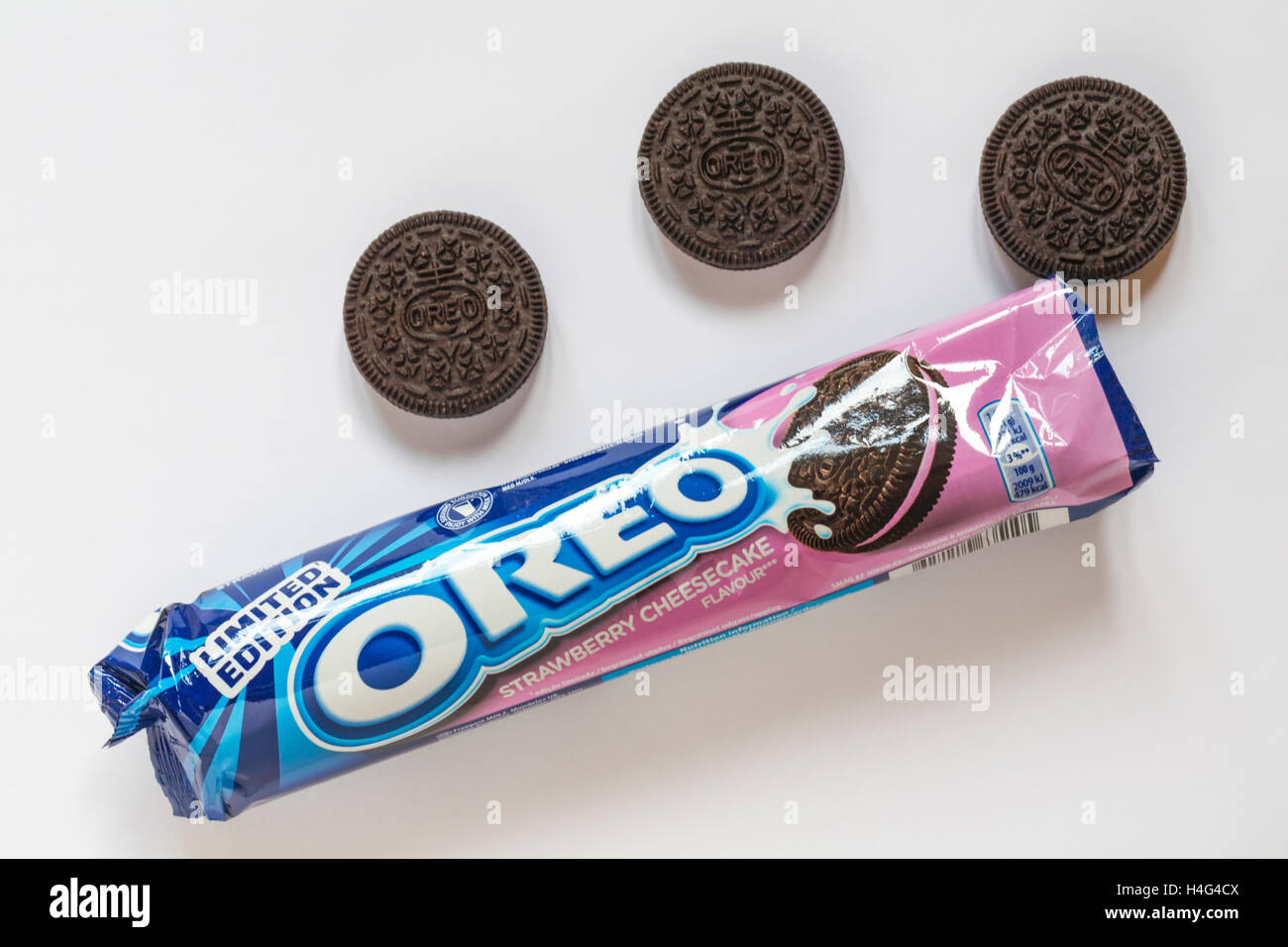 Packet of limited edition Strawberry Cheesecake flavour Oreo biscuits ...