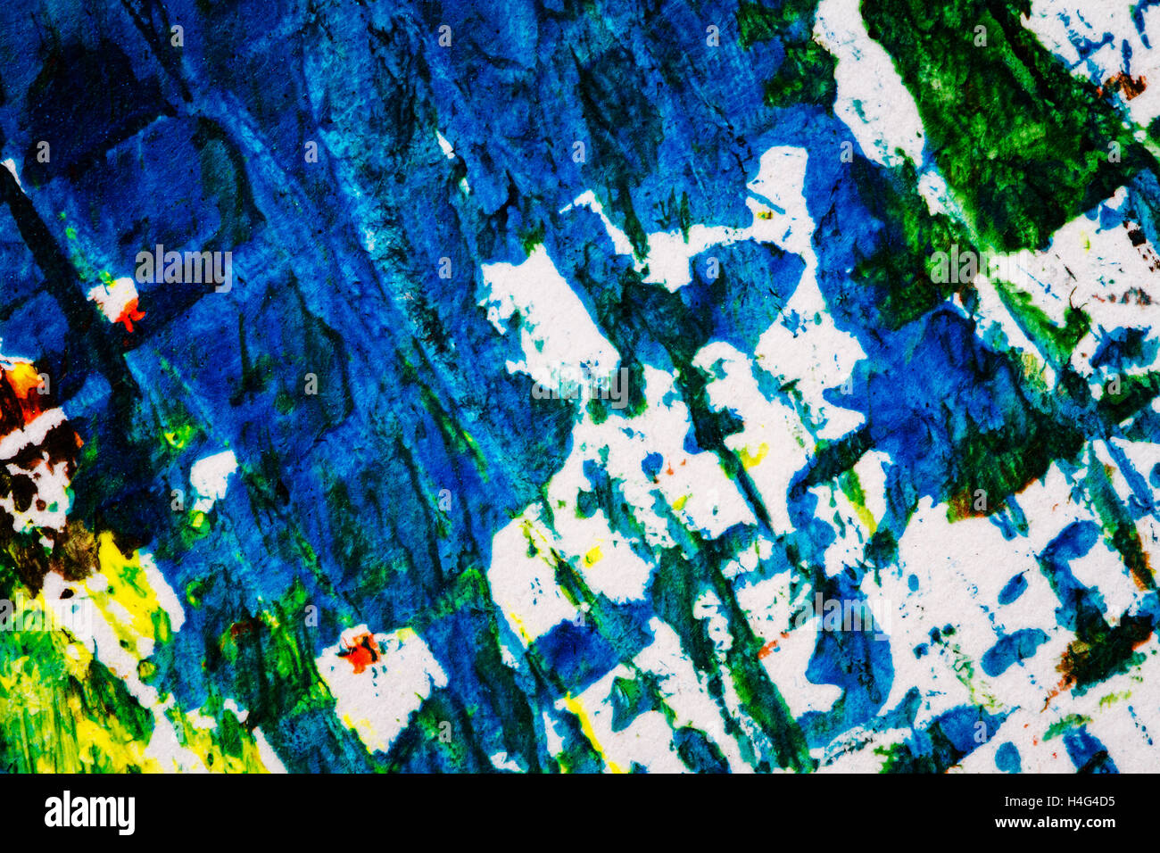 Closeup view of abstract hand painted mainly blue acrylic art ...