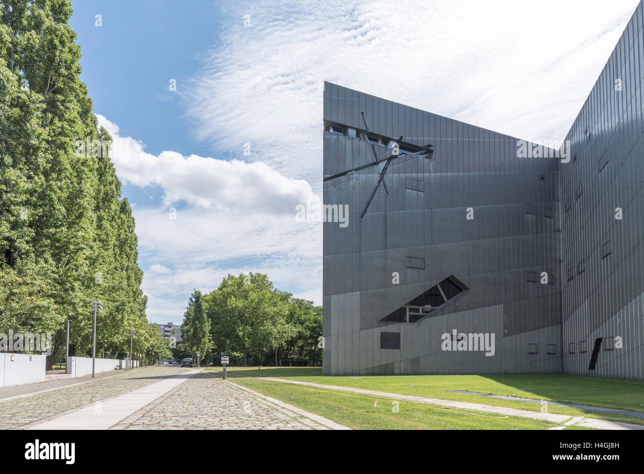 The exterior of the Jewish Museum in Berlin, Germany, against a blue ...