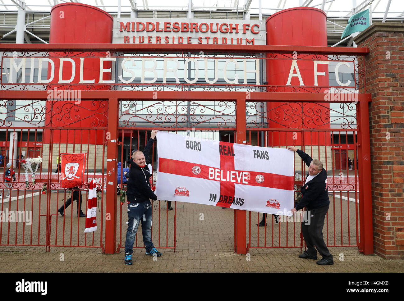Middlesbrough fans with a flag outside the Riverside Stadium before the ...