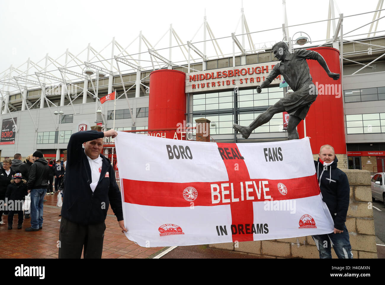 Middlesbrough fans with a flag outside the Riverside Stadium before the ...