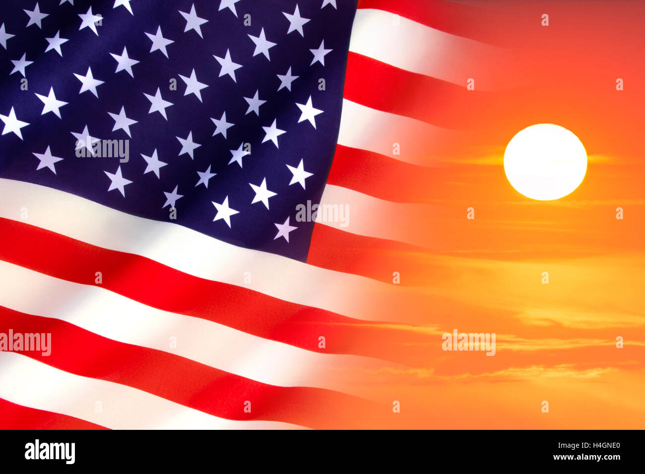 Sunrise and the national flag of the United States of America Stock ...