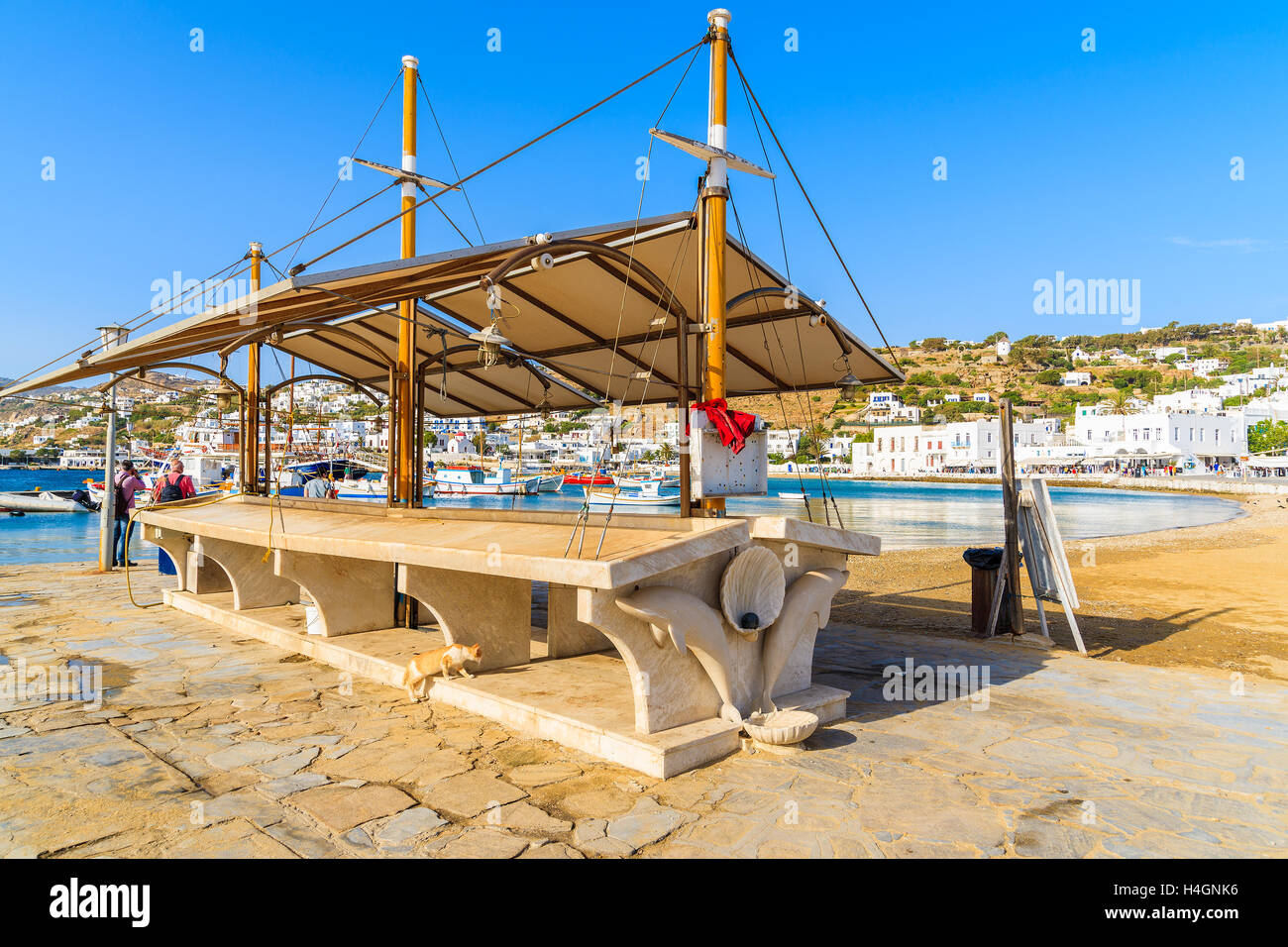 Market stand which is used to present and sell fresh fish in Mykonos ...