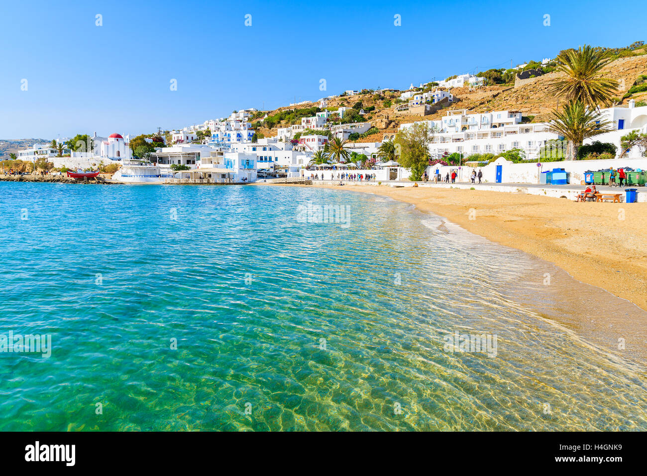Beautiful beach with crystal clear sea water in Mykonos town, Cyclades ...