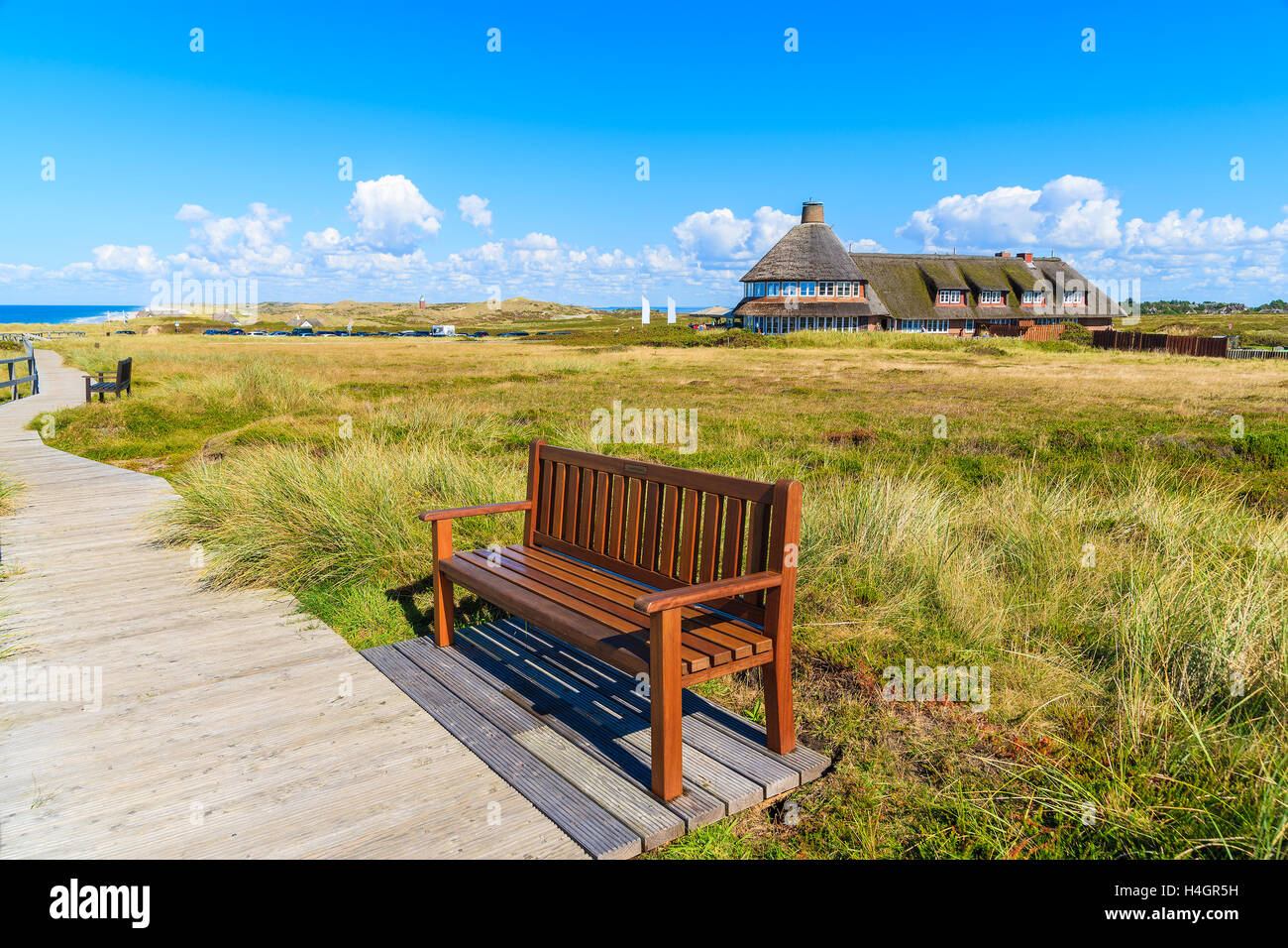 Bench on walking path along a coast of Sylt island and typical Frisian ...