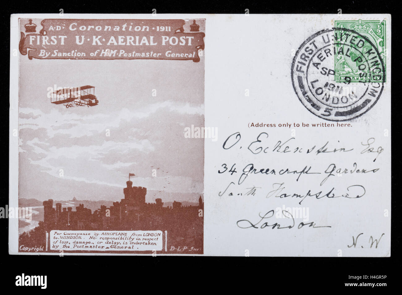 First UK Aerial Post, or air mail, card posted 9.9.1911 from London to ...