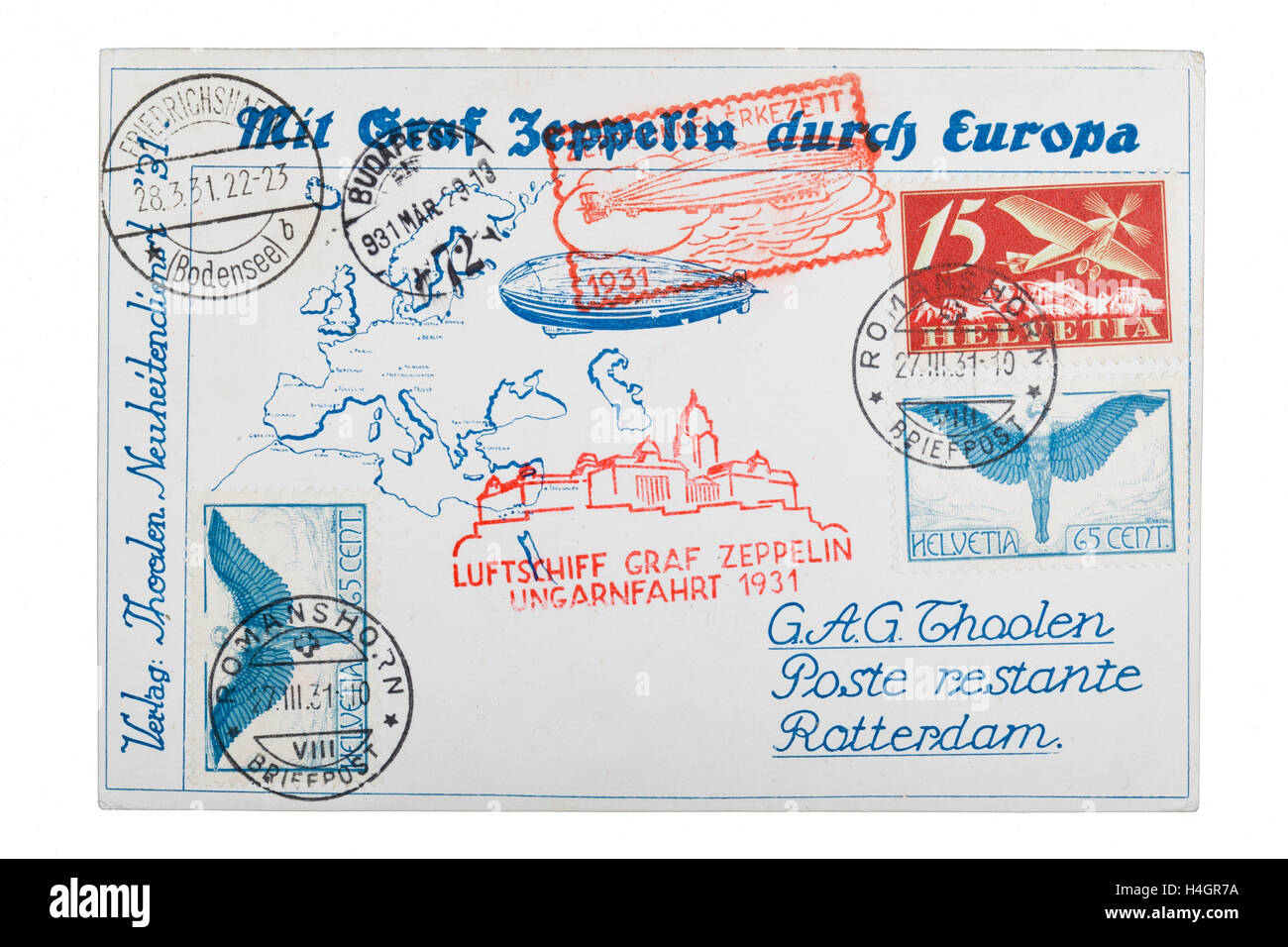 Zeppelin mail postcard, Romanshorn to Budapest, via Friedrichshafen, on ...