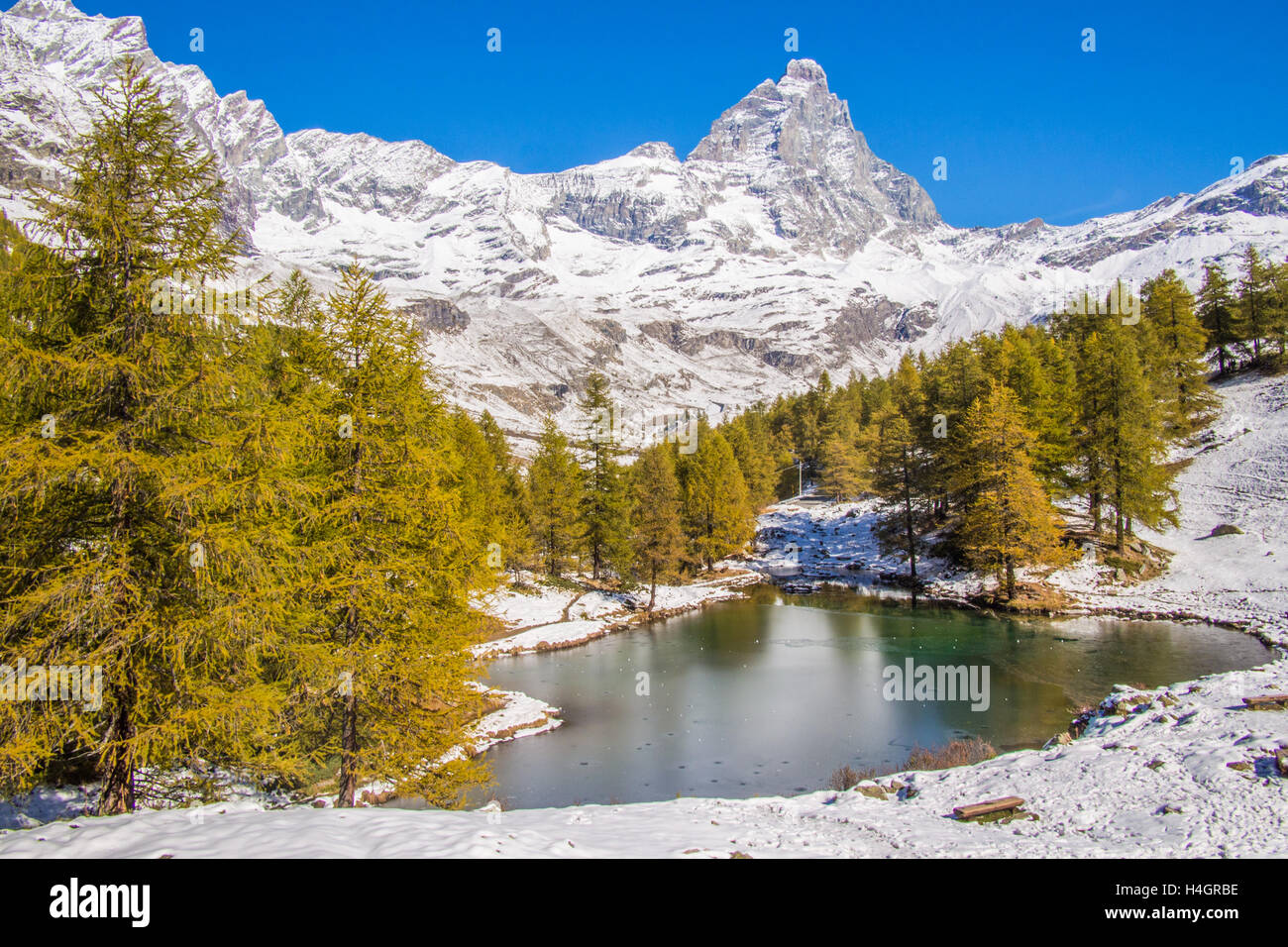 Lago Blu (Blue Lake) with the Cervino Mountain (aka "Matterhorn" in ...