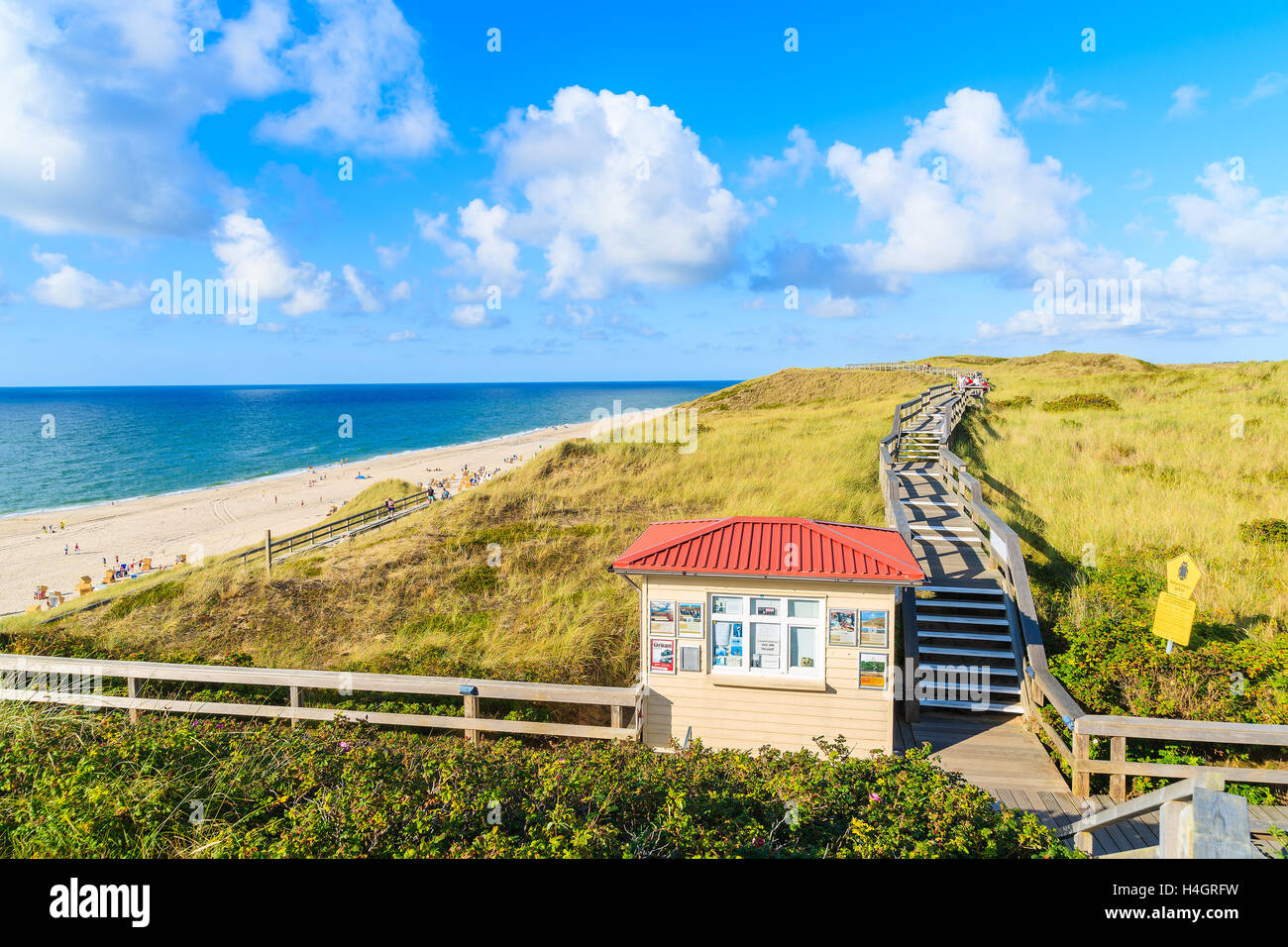 SYLT ISLAND, GERMANY - SEP 10, 2016: Kiosk on wooden walkway along ...