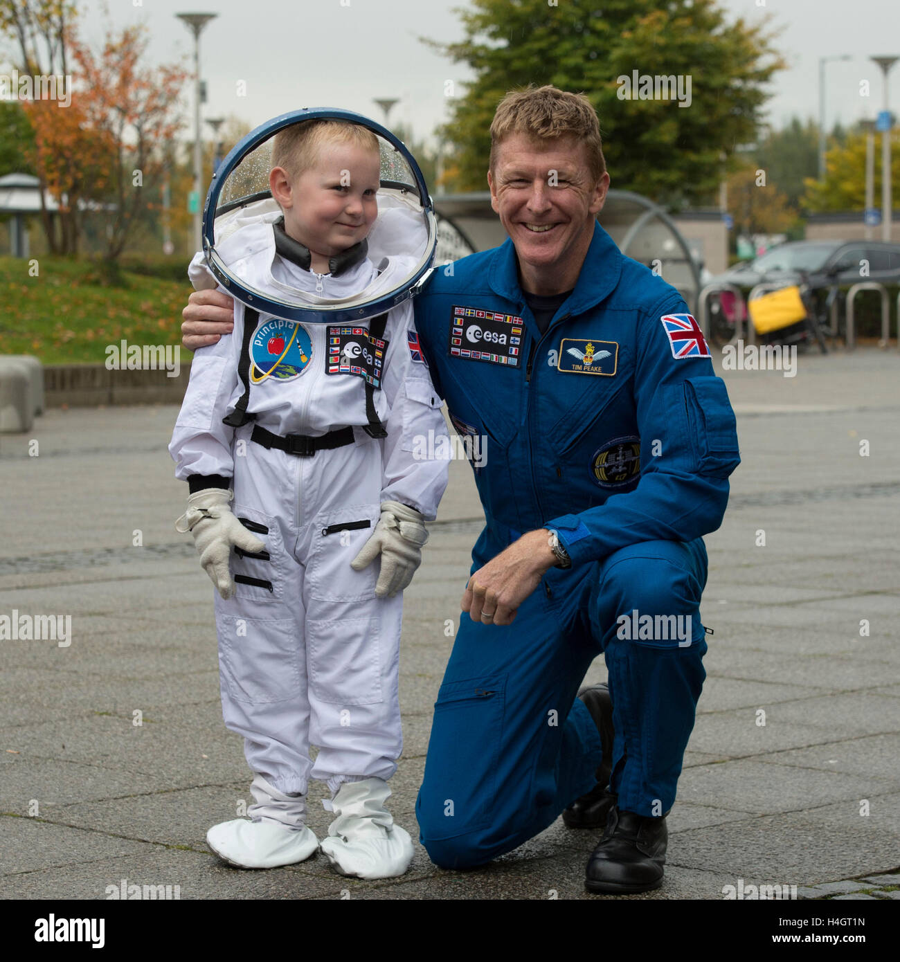British astronaut Tim Peake meets Callum Milligan, five, during a visit ...