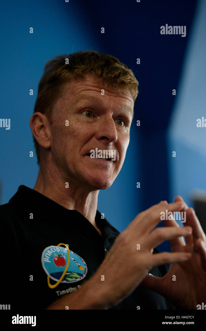British astronaut Tim Peake speaks during a visit to Clyde Space in ...