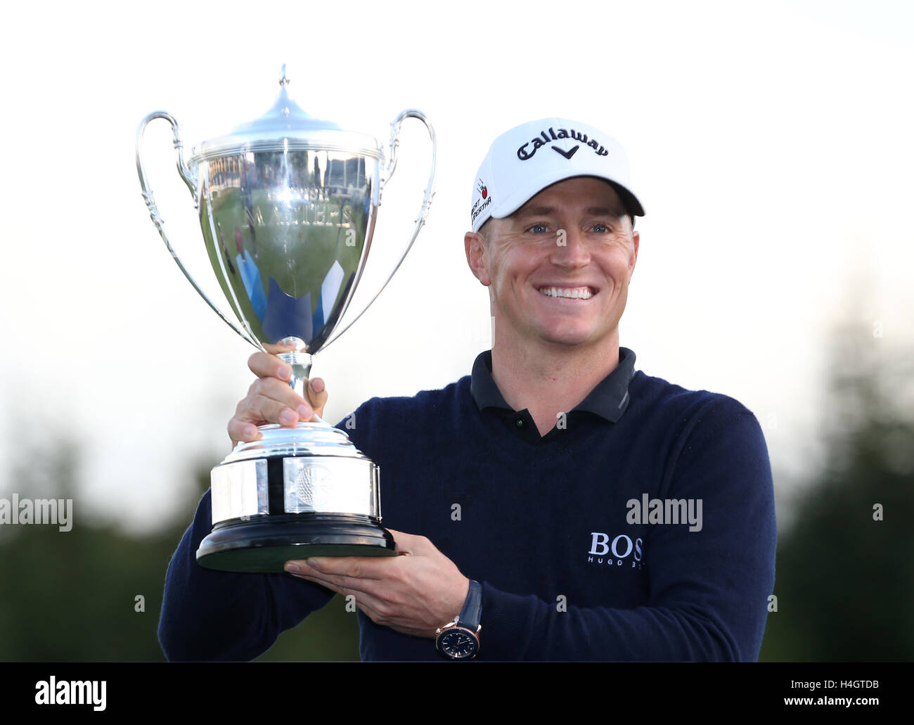 Sweden's Alex Noren celebrates with the trophy after his victory during ...