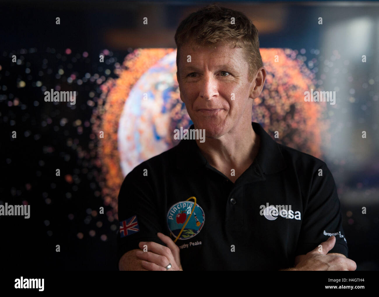 British astronaut Tim Peake speaks during a visit to Clyde Space in Glasgow, where he took part ...