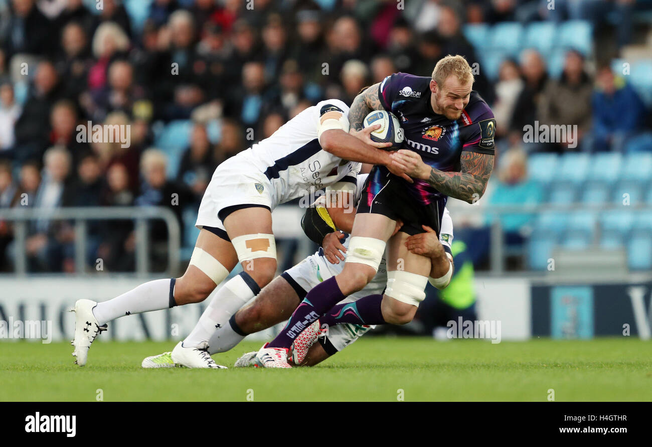 Exeter Chiefs Damian Welch is tackled by Clermont Auvergne's Davit ...