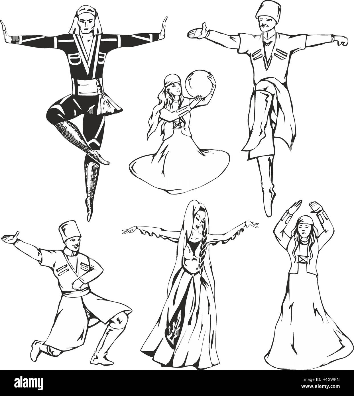 Sketches of Caucasian highlander dancers in national costumes. Dancing ...