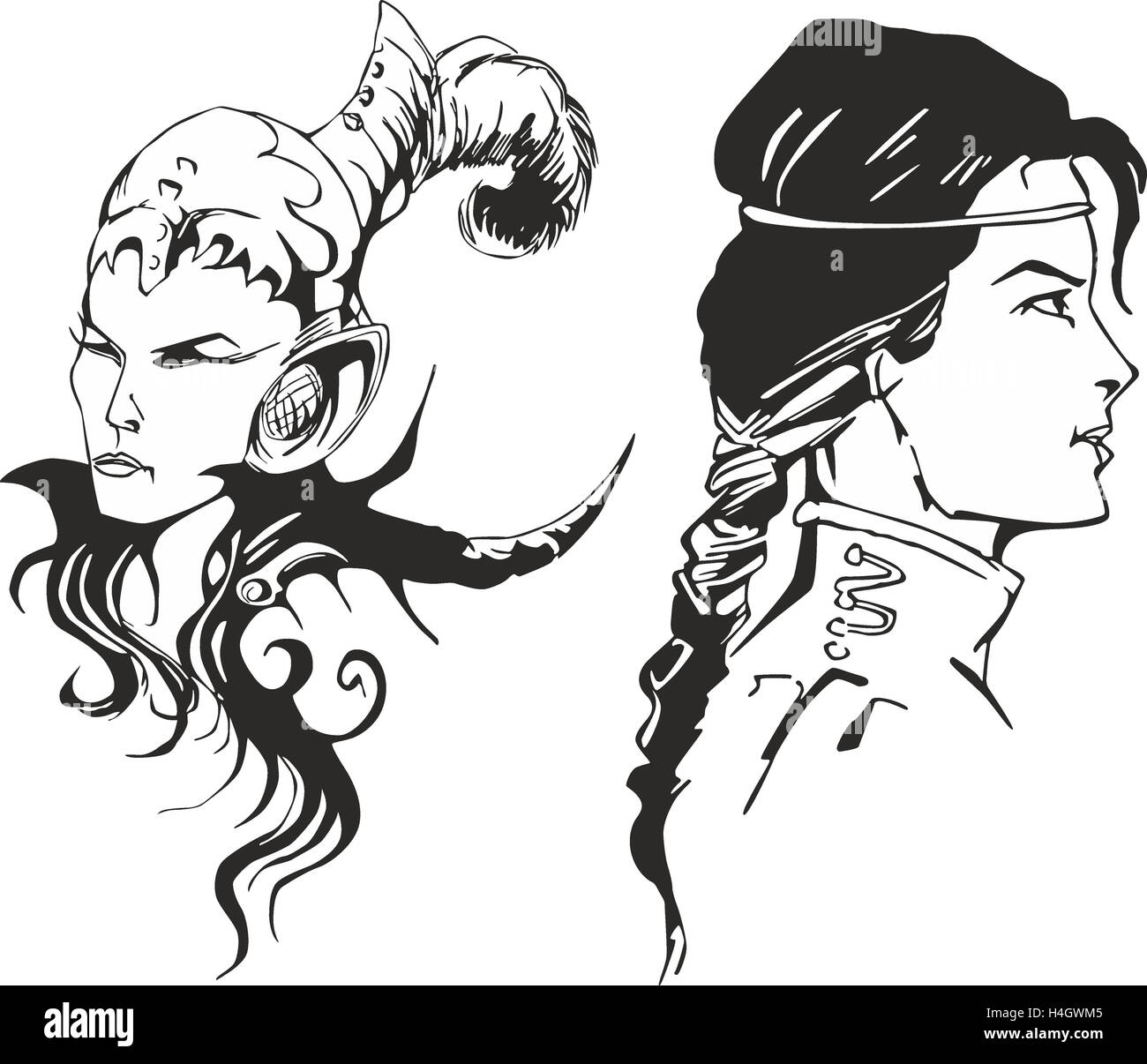 Fantasy set of two wonder amazon women. Portraits of mythical lady ...