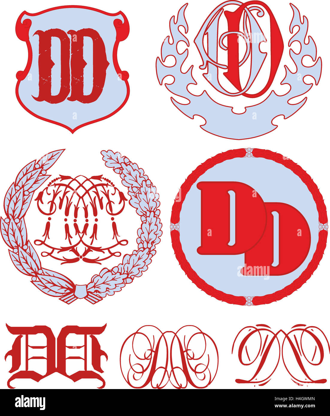 Set of DD monograms and decorative emblem templates with two letters DD ...