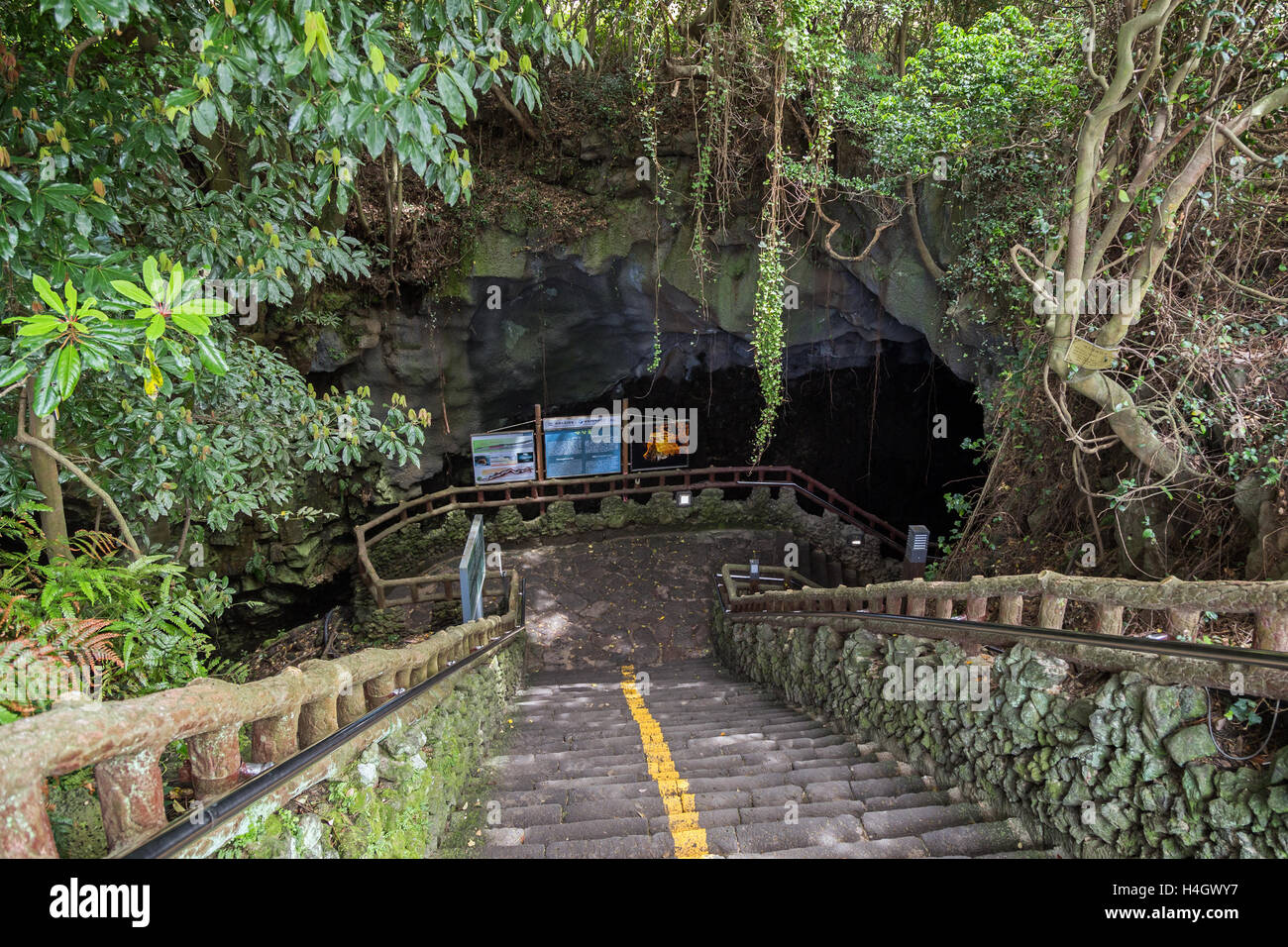 Stairs at the entrance to the Manjanggul Lava Tube Cave on Jeju Island ...