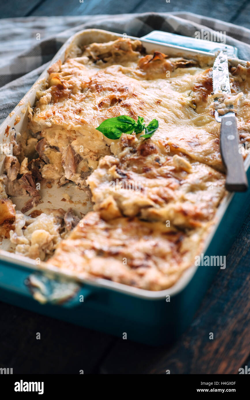 Bechamel sauce and mlinci pastry with sliced turkey meat,selective ...
