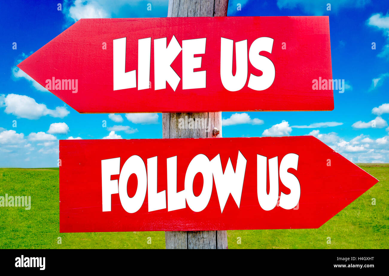 Follow us and like us on the red signs with landscape in background ...