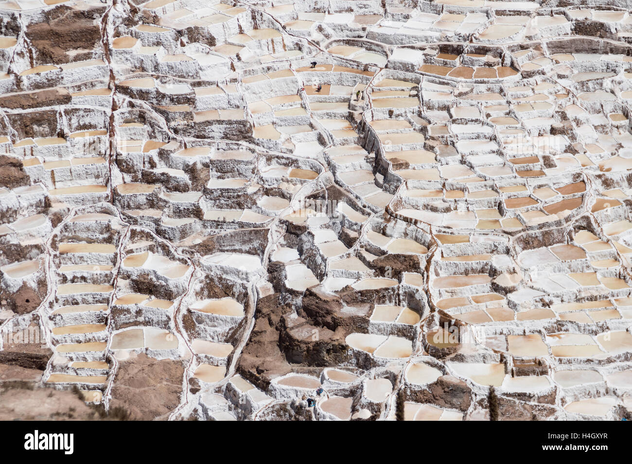 Landscape view of dozens of salt plots at the Maras salt mines near ...
