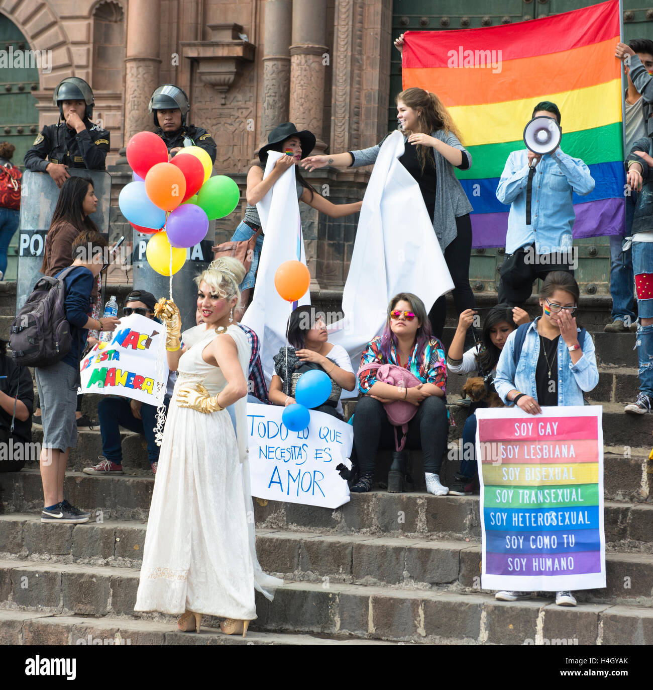 LGBT Gay Pride demonstration on the Plaza de Armas, Cusco, Peru with ...