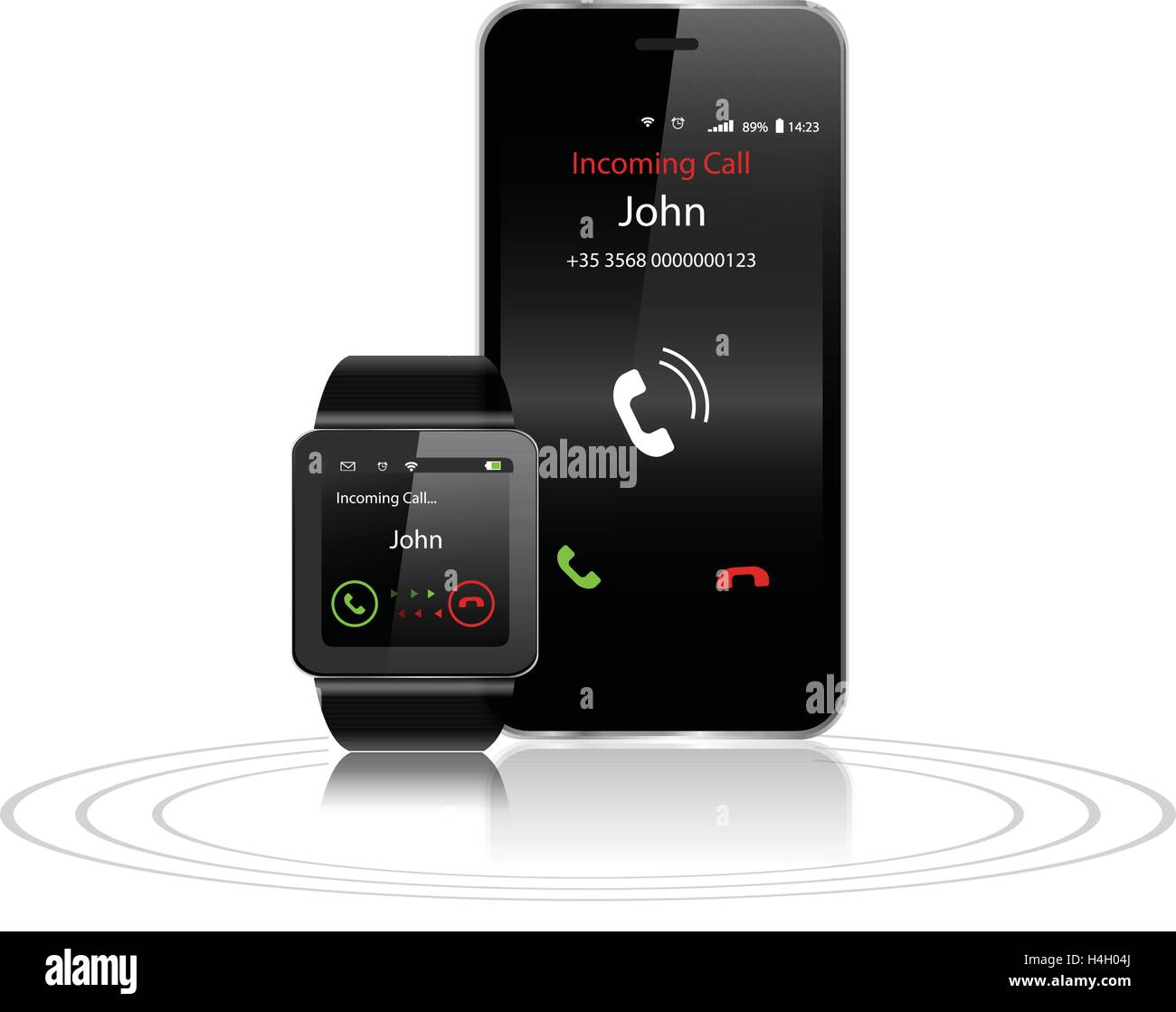 Black Touchscreen Smartwatch and Smartphone with incoming call on ...
