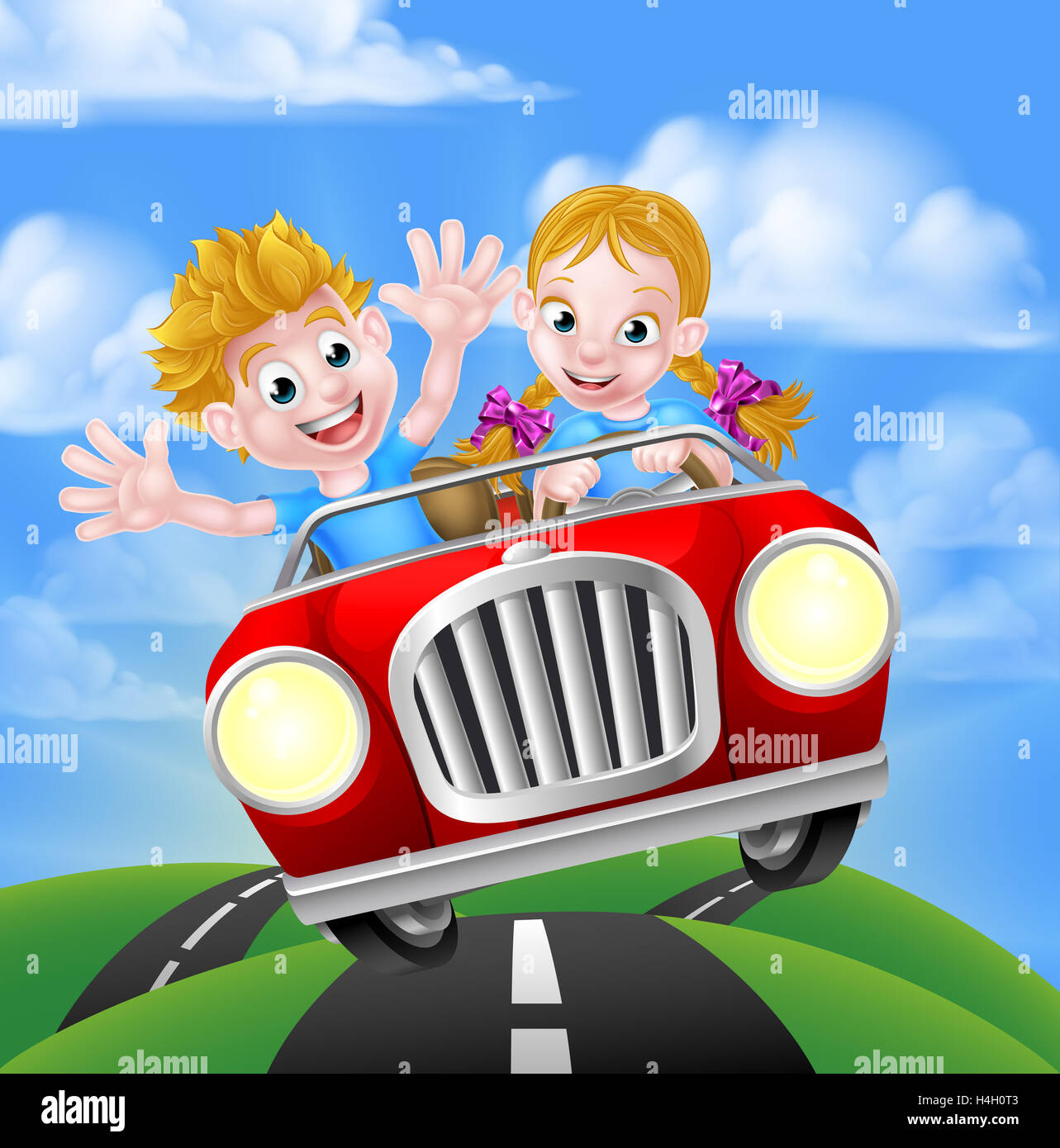 A cartoon boy and girl having fun driving fast in a car on a road trip ...