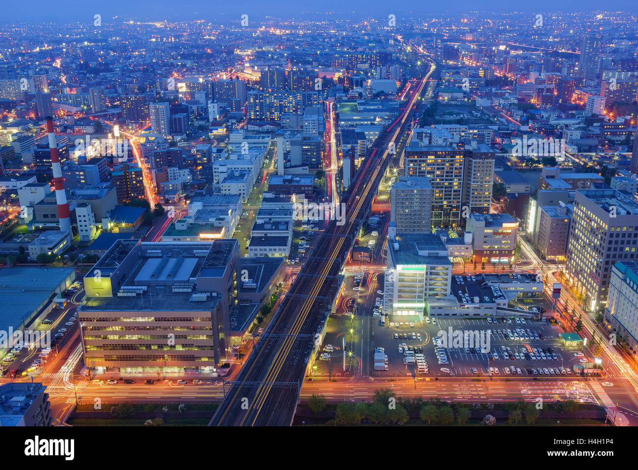 Twilight aerial view of Sapporo downtown, Hokkaido, Japan Stock Photo ...