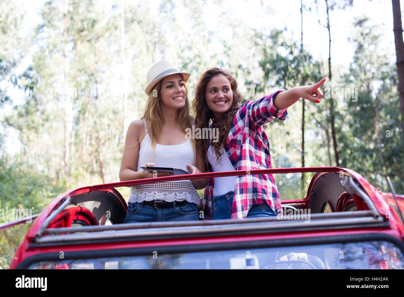 Group of friends on a roadtrip through countryside Stock Photo - Alamy