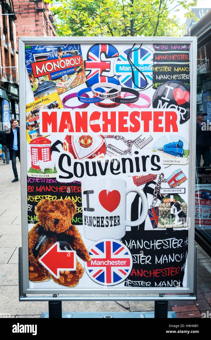 Manchester Souvenirs sign and shop, Manchester, UK Stock Photo - Alamy