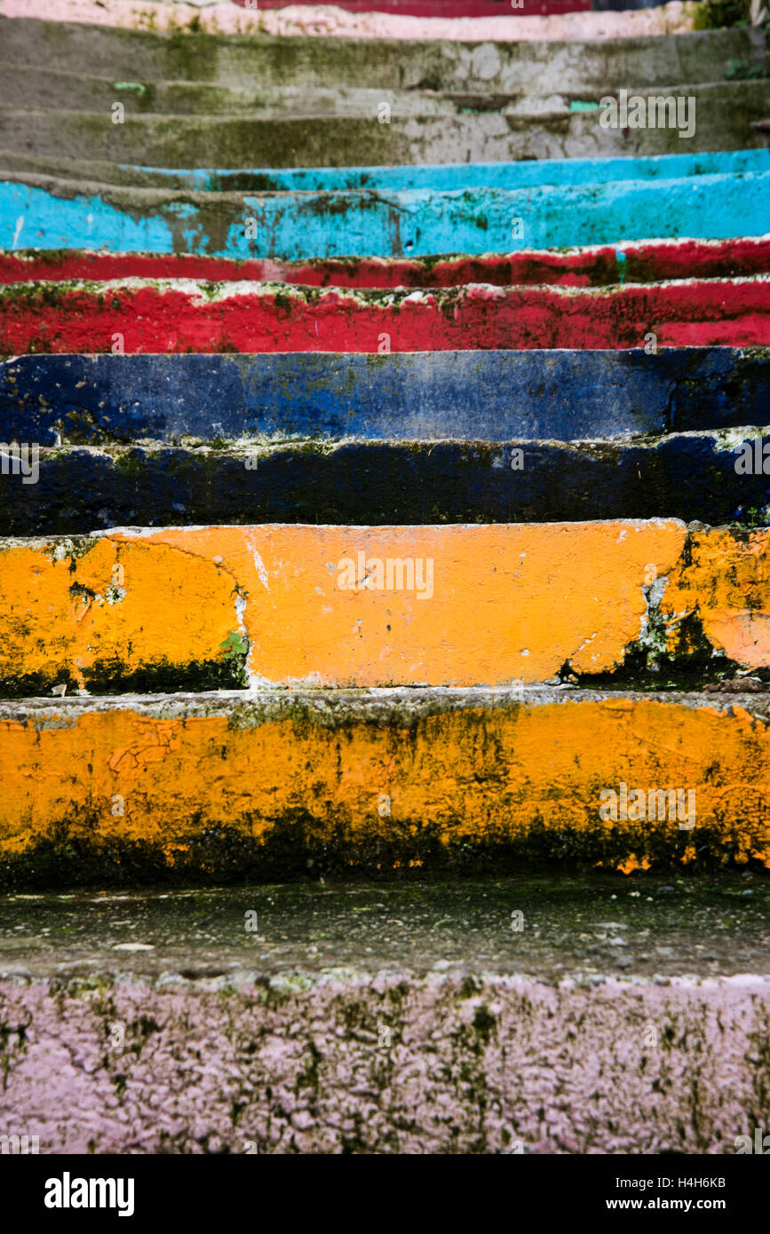 Painted Colorful stairs background. Blue, red, dark blue and yellow ...