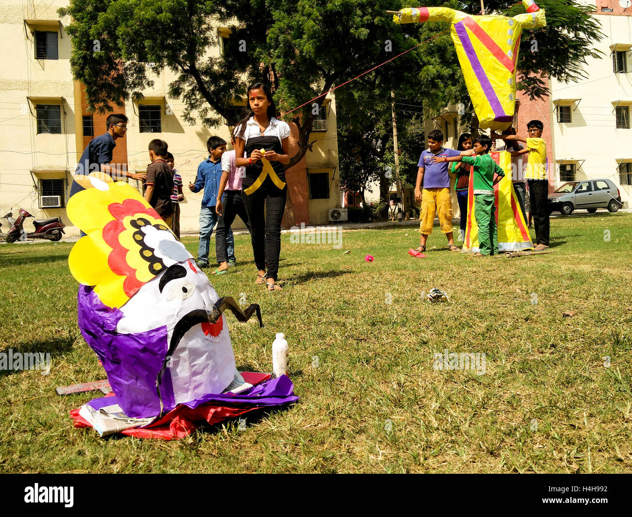Children build the effigy of Ravan for Dussera celebrations Stock Photo ...