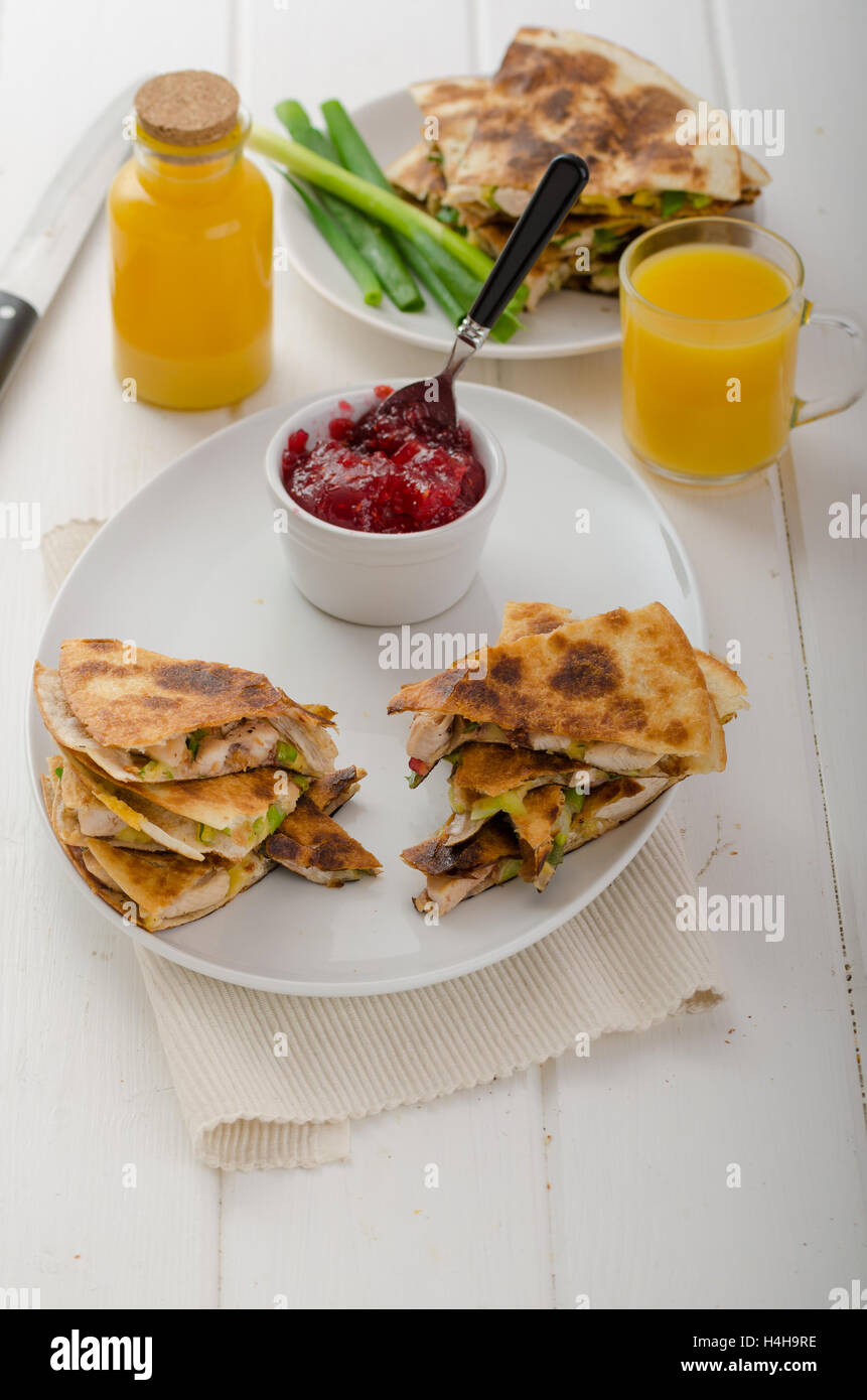 Turkey quesadillas with currant sauce, fresh orange juice Stock Photo ...