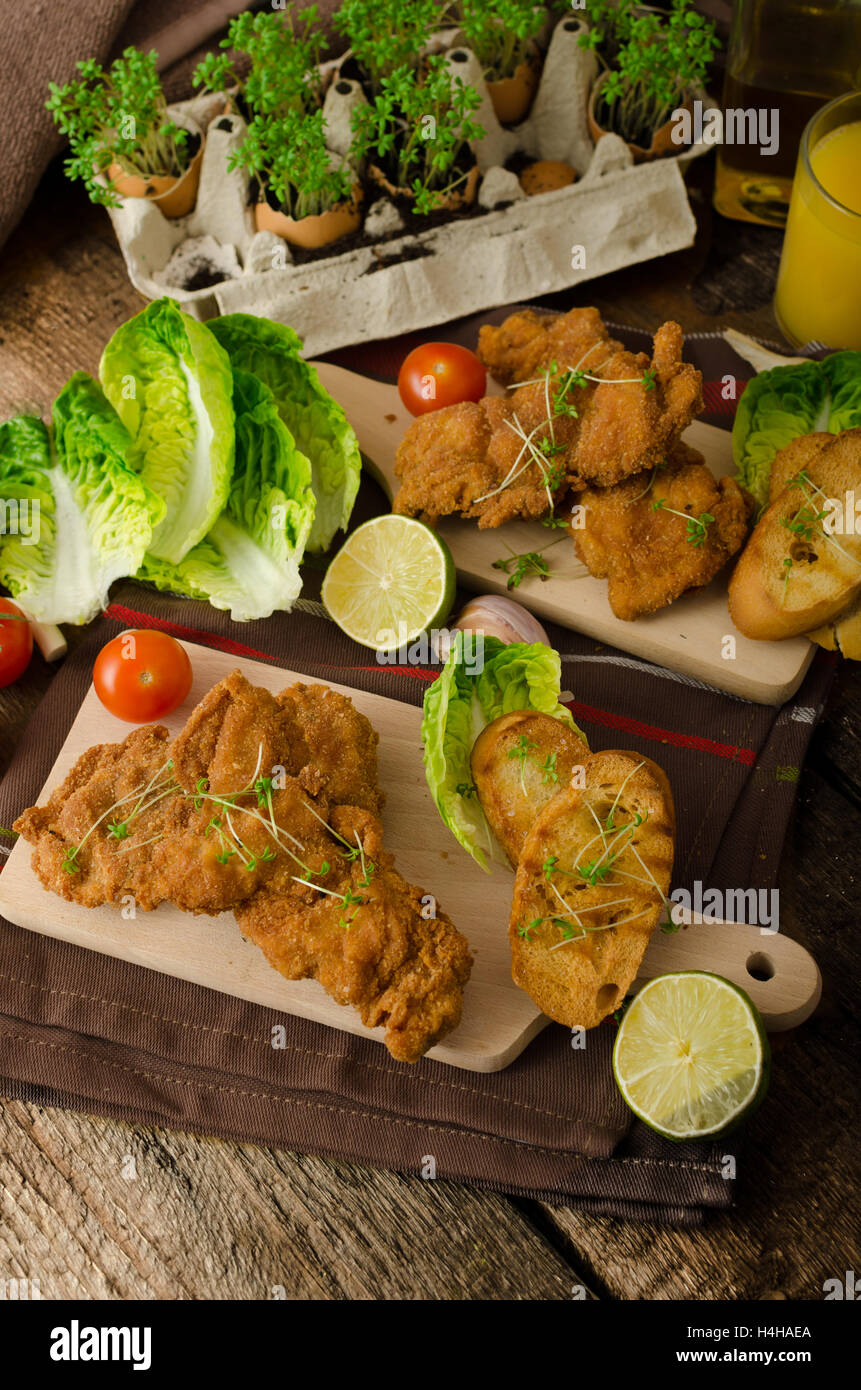 Mini cutlets - schnitzels of chicken legs meat and fresh salad and ...