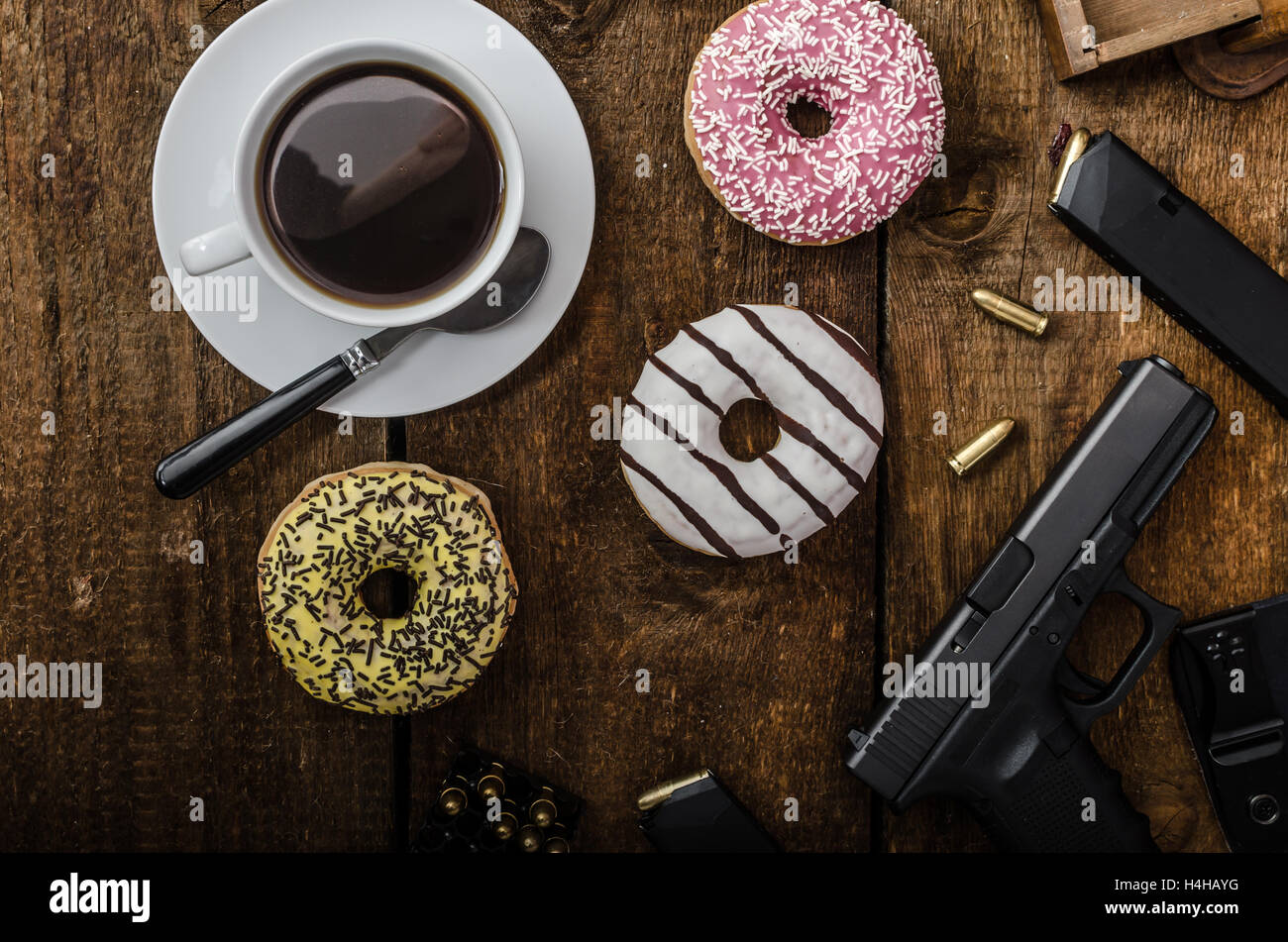 American police officer morning, donuts, juice, fresh black coffee and ...
