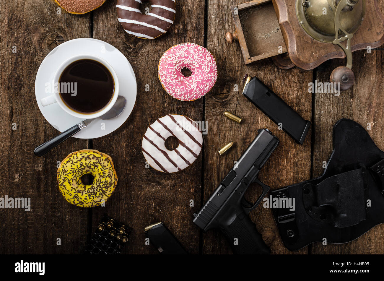 American police officer morning, donuts, juice, fresh black coffee and ...