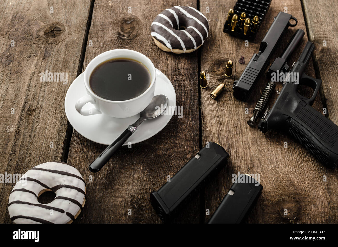 American police officer morning, donuts, juice, fresh black coffee and ...