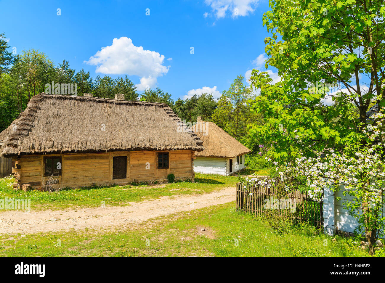 TOKARNIA VILLAGE, POLAND - MAY 12, 2016: An old rustic cottage house on ...