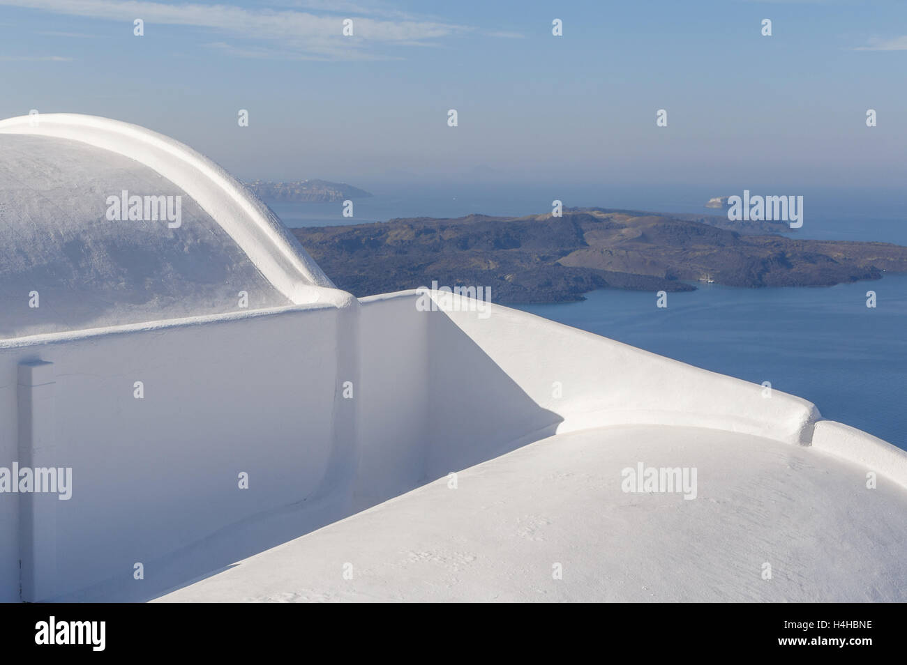 roof of traditional house on Santorini against caldera Stock Photo - Alamy